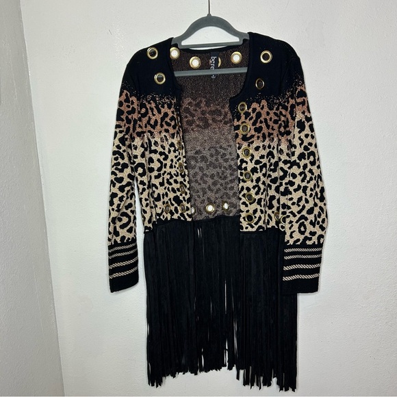 berek | Sweaters | Berek Black And Gold Leopard Print Fringe Cardigan ...